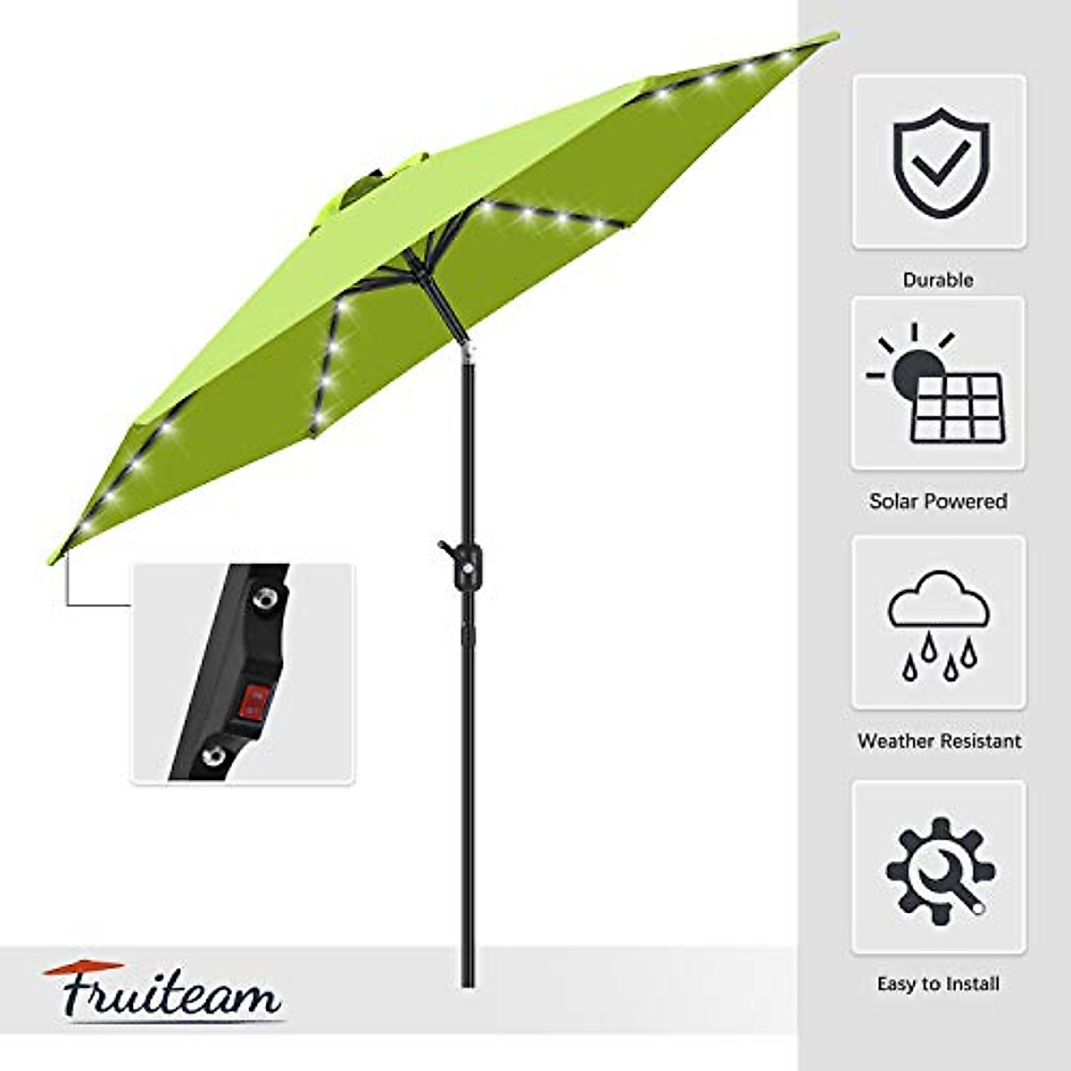 FRUITEAM 7.5 Feet Solar 24 LED Lighted Umbrella-Solar Umbrella Lawn and Garden w/Easy Tilt Adjustment, Market Umbrella Adjustment and Crank Lift System for Patio