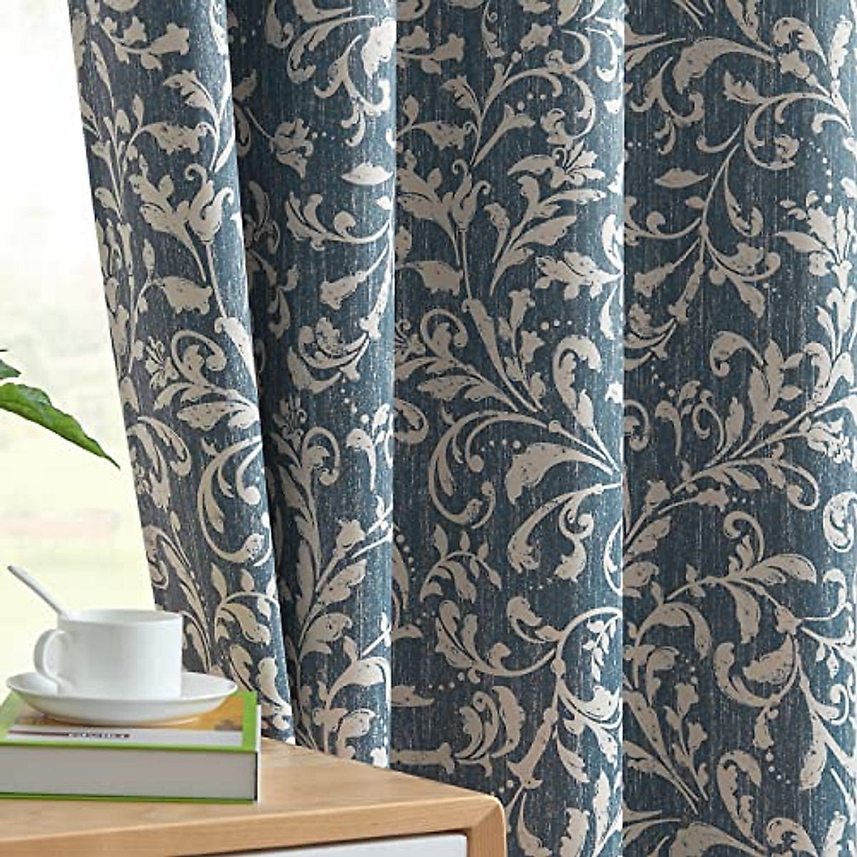 jinchan Farmhouse 80% Blackout Curtains for Bedroom Thermal Curtains Room Darkening Scroll Floral Patterned Thermal Insulated Curtains Living Room Vintage Country Curtain 84 inch Long 2 Panels Blue
