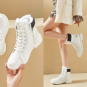 XRH Women Lace Up Combat Boot Winter Snow Boots Warm Fur Lined Ankle Booties Waterproof Hiking Boot for Women Non Slip Leather Boot Shoes(White.US10)