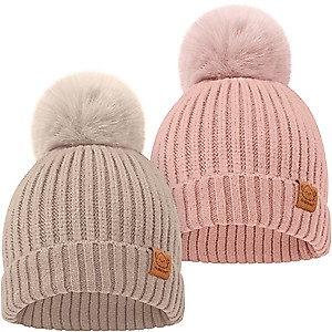 2-Pack Baby Hats for Girls, Boys - Stretchy Baby Beanies, Cute Newborn & Toddler Winter Hat, Soft & Warm Pom Pom Beanie for Infant, Toddler, Boys, Girls 6-36 Months (Fawn, M)