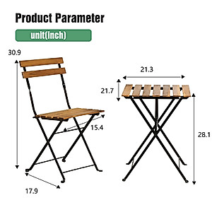 3 Pieces Bistro Set Outdoor Furniture Sets 2 Folding Chairs and Table Steel Frames and Weather-Resistant Wood Portable Design for Bistro & Balcony (Natural)