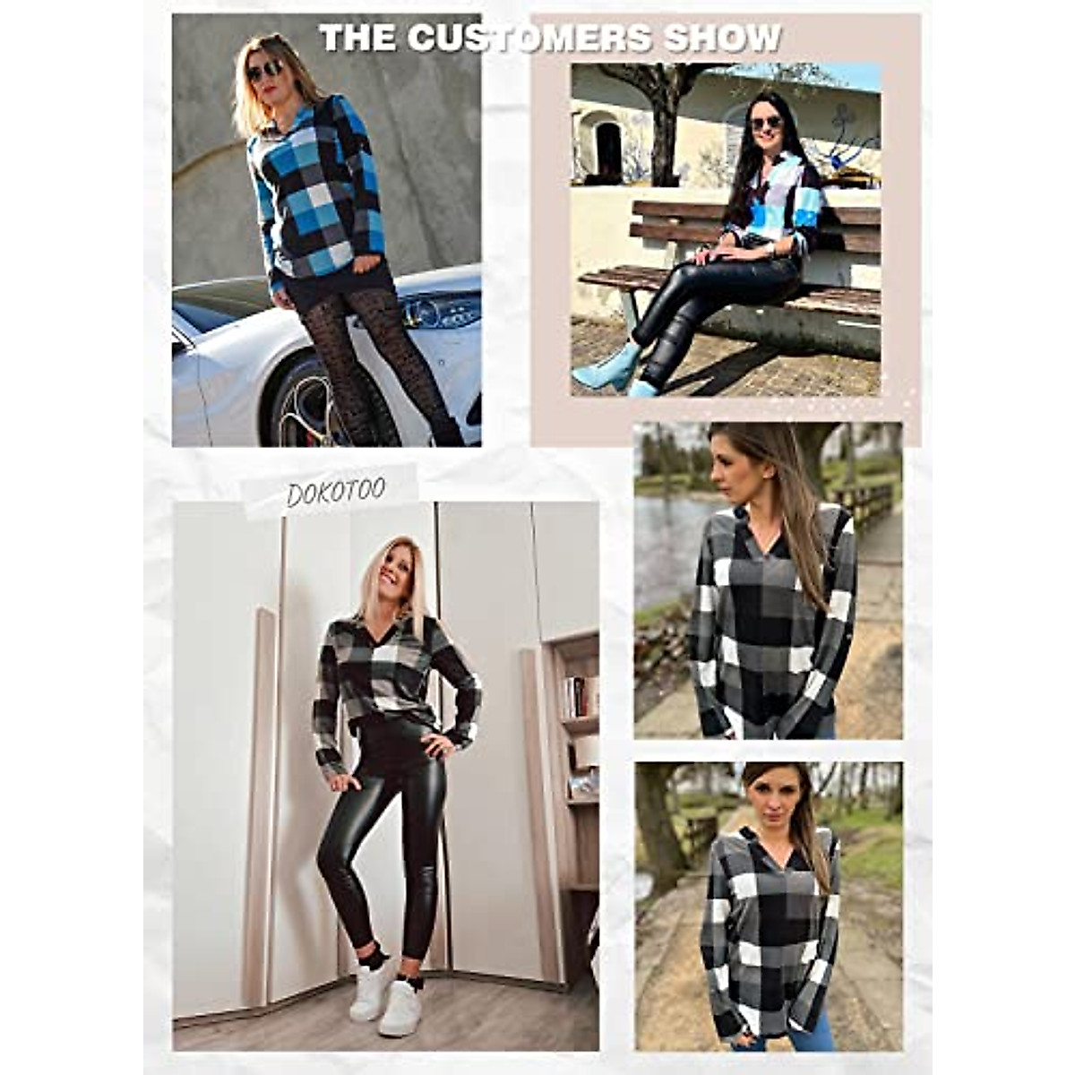 Dokotoo Women's Casual 3/4 Sleeve Plaid V Neck Tunic Top - 2023 Orange