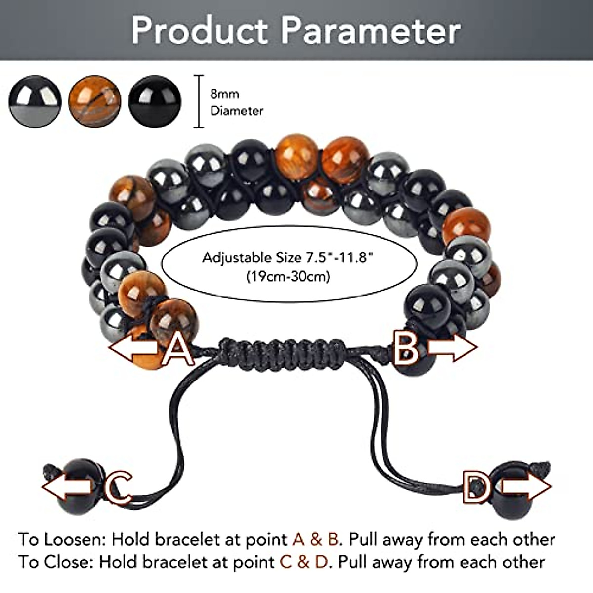Verybegin Handmade Bracelet, Protection Bracelet, 8mm Beads of Natural Black Hematite and Yellow Tiger Eye and Black Agate Stone Bracelet, Bring Luck and Prosperity and Happiness