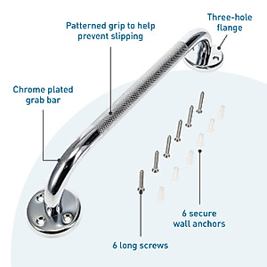 BodyMed 12-inch Chrome Plated Steel Grab Bar - Anti-Slip, Safety Aid Support for Bathrooms, Showers, Bathtubs and Toilets - Perfect for Adults and Seniors
