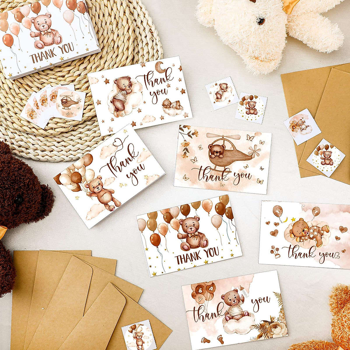 24 Pack Bear Baby Shower Thank You Cards with Envelopes and Stickers Set Blue Bear Kid Thank You Notes Blank Inside Watercolor Cards for Boy Girl Birthday Party