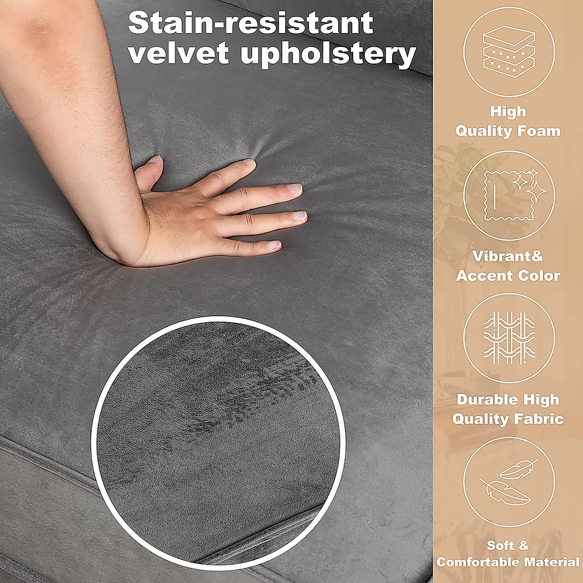 Vongrasig 5 Pieces Sectional Couch Modular Sofa with Reversible Chaise 116" Velvet L-Shaped Couch Sofa 4-seat Modular Large Sectional Couch with Ottoman for Living Room, Upholstered Cushion (Grey)