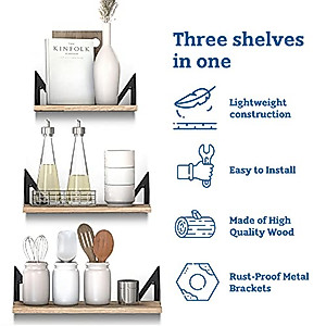 Halter Wall Book Shelves for Bedroom, Small Wall Shelf, Mounted Floating Wall Shelving, Hanging Shelves with Angle Brackets, Wall Shelves for Bedroom, Bathroom, Kitchen, Light Brown,Set of 3