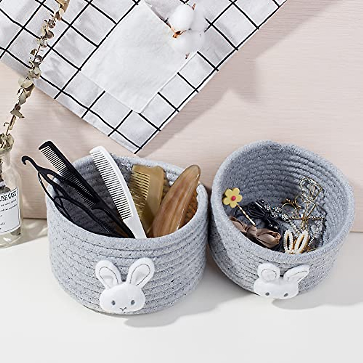 LixinJu Small Basket for Organizing Small Woven Basket Set of 2 Bunny Small Rope Basket Decorative Mini Storage Bins Round Little for Desk Dog Cat Toy Kids Baby Girls Gifts, Gray