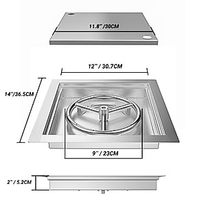 Skyflame 12 inch Square Stainless Steel Drop in Fire Pit Burner Pan with Burner Ring and Protective Cover, Outdoor DIY Firepit Kit for Both Natural Gas and Liquid Propane