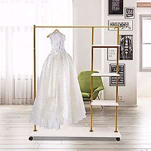 GDAE10 Gold Garment Rack Stand Iron with Universal Wheel and Shelves Square Wedding Dress Bridal Garment Rack Dress Display Stand Floor Hanger Storage Rack for Home Wedding Clothing Store