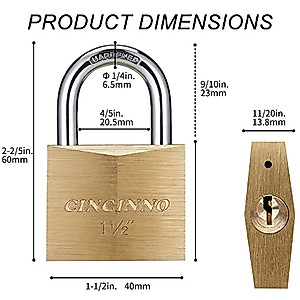 CINCINNO Solid Brass Padlock with Key, Key Lock with 1-9/16" Wide Body, 2 Pack Keyed Alike Locker Lock with Key