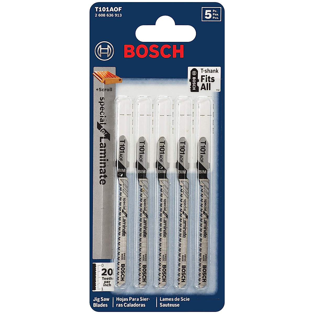 BOSCH T101AOF 5-Piece 3-1/4 In. 20 TPI Special for Laminate T-Shank Jig Saw Blades , Silver