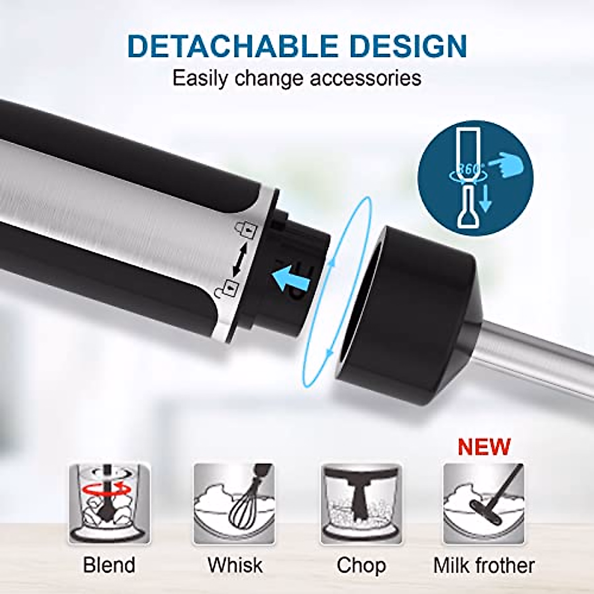 Immersion Hand Blender, 800W Stick Blender, 20 Speed Stainless Steel Immersion Blender, With 27oz Beaker, 17oz Chopping Bowl, Whisk, Frother Attachments, for Soup, Smoothie, Puree, Baby Food, Black