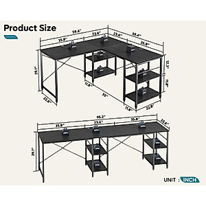 Bestier 95.2” L Shaped Desk, Reversible Corner Computer Desk or 2 Person Long Table with Adjustable Shelves, Large Writing Study Workstation with 3 Cable Holes - Black