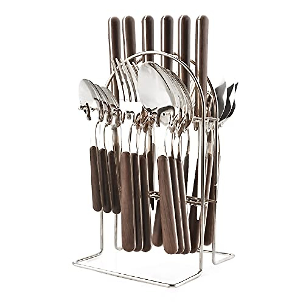 Snplowum 24-Piece Wooden Handle Stainless Steel Flatware Set With Cutlery Holder, Hanging Tableware Home Kitchen Utensils Service For 6, Mirror Silver Polish