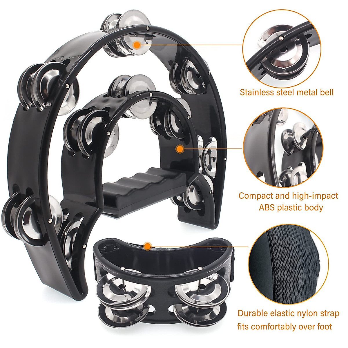 Double Row Tambourine Foot Tambourine set, 9" Half Moon Tambourine Metal Jingles Hand Held Percussion with Band Wrist Bells for Kids, Adults,KTV,Party
