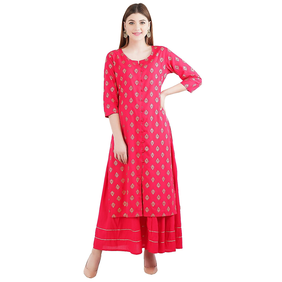 Arayna Women's Rayon Printed Kurta with Skirt Set, Red, Large