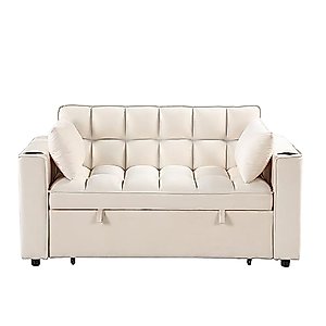 3 in 1 Upholstered Futon Sofa Convertible Twin Sofabed,Foldable Tufted Loveseat with Pull Out Sleeper Couch Bed, Space Saving Love Seat Daybed W/Side Pockets,USB Ports & Cupholders for Living Room