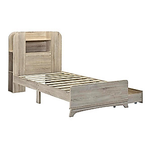 HoRunzelin Twin Size Platform Bed with Storage Bookcase Headboard,2 Drawers and LED Light,Wooden Bed Frame with Bookshelf Shelves for Kids Boys Girls, Natural