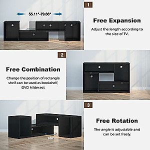 Rolanstar TV Stand, Deformable Stand with LED Strip & Power Outlets, Modern for 45/50/55/60/65/70 inch TVs, Gaming Entertainment Center Media 2 Pieces Console Cabinet, Black