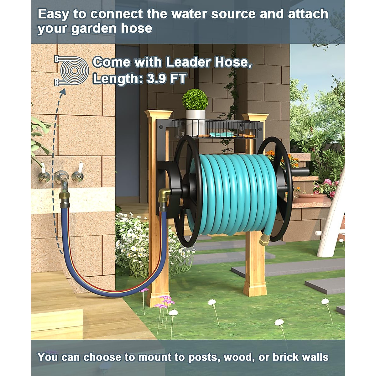 Artigarden Outdoor Garden Hose Reel Wall Mount, Heavy-Duty Water Hose Holder Winder with 3.9 ft Leader Hose, Brass Fitting and Storage Basket for Yard, Holds 125 Feet of 5/8-Inch Hose, Black