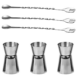 3 Pieces Double Jiggers&3 Pieces Stainless Steel Mixing Spoons, SourceTon 0.5/1 oz. Cocktail Bar Jiggers and 10 Inches Mixing Spoon with Garnish Fork Tip