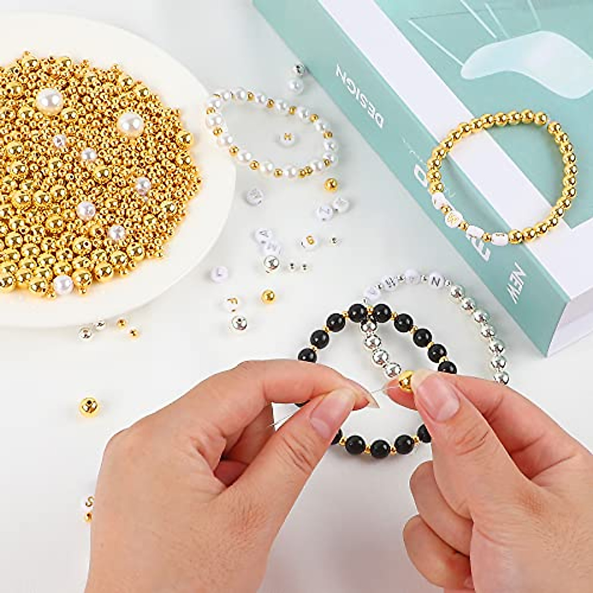 1800Pcs Jewelry Beads Making Set, Silver & Gold Round Spacer Beads 3 Sizes Smooth Loose Ball Beads Alphabet Pearls Beads and 2 Rolls Elastic String for DIY Craft Making Supplies