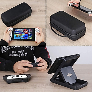 HEYSTOP Switch Case / Switch OLED Case Accessories Compatible with Nintendo Switch & OLED Model, Carry Case with Joycon Grip / PlayStand / Thumb Grips Caps for Nintendo Switch & OLED Model, Black
