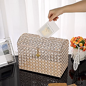 ELLDOO Crystal Wedding Card Box with Heart Lock, Money Card Box Treasure Chest Style Gold Gift for Wedding Receptions, Centerpiece Decor, Anniversary, Keepsake, Gift Display Box