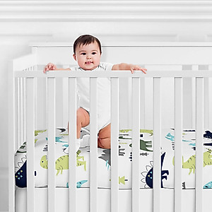 Sweet Jojo Designs Mod Dino Boy Cotton Fitted Crib Sheet Baby or Toddler Bed Nursery - Navy Blue Green Grey Modern Dinosaur Dinosaurs 100% Cotton