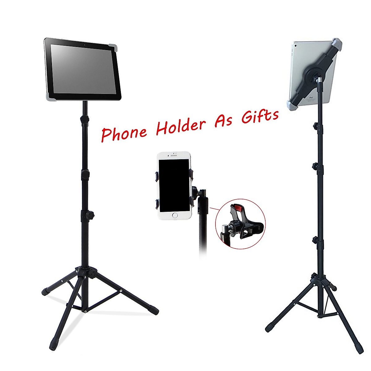 T-SIGN IPad Tripod Stand, Reinforced Foldable Floor Tablet Stand, Height Adjustable 360° Rotating Mount for All 7 to 12 Inches Tablets, Carrying Case, Phone Holder, Bluetooth Remote Control