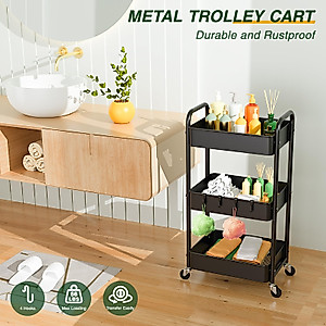 LEHOM 3 Tier Rolling Utility Cart, Metal Trolley Cart with Wheels, Hooks, Easy Assembly Organizer Storage Cart for Bathroom, Kitchen, Office, Bedroom(Black)