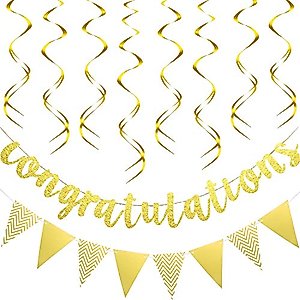 Gold Glitter Congratulations Banner Triangle Flag Banner with 12 Pieces Gold Hanging Swirls for Wedding Retirement Graduation Anniversary Party Decorations