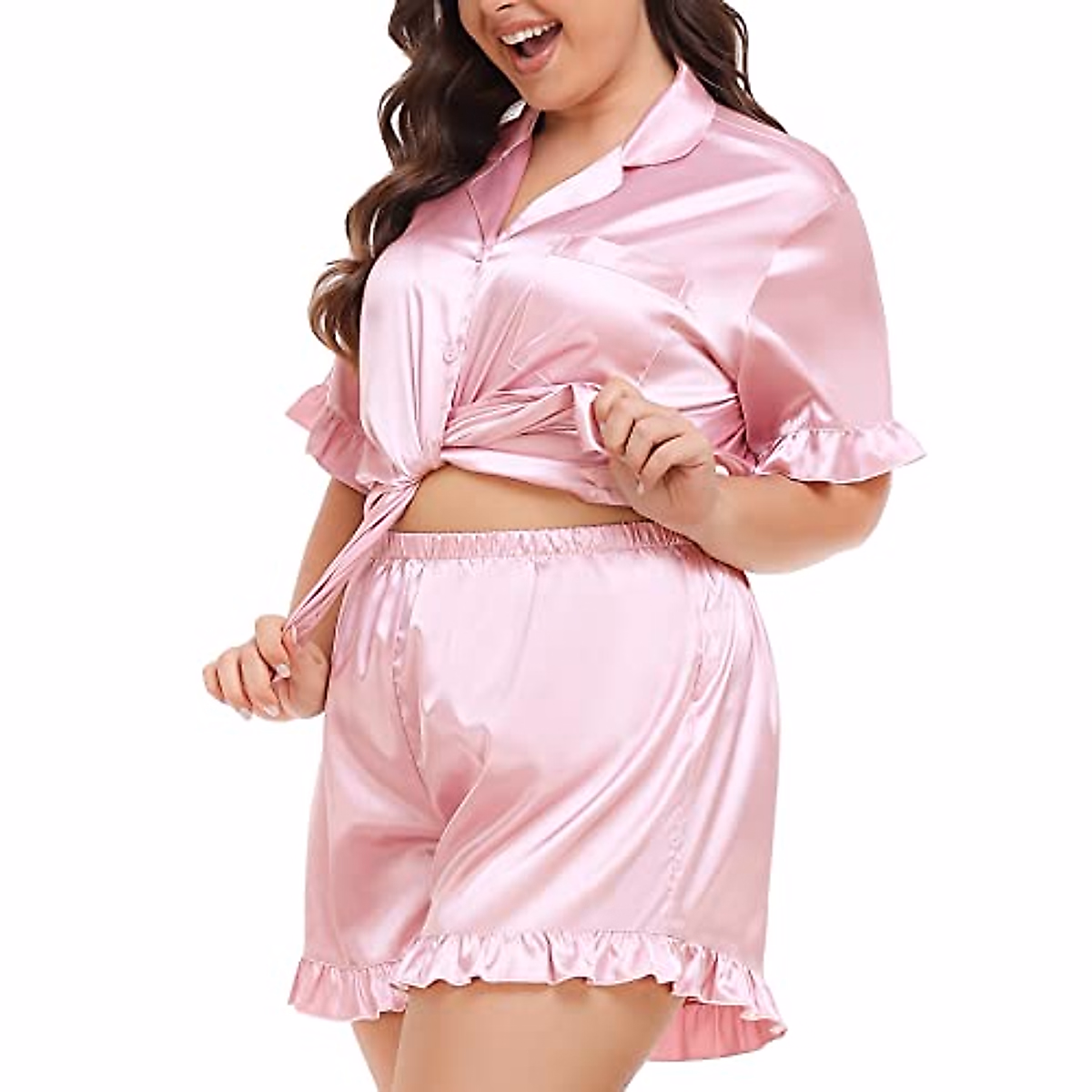 SWOMOG Womens Satin Plus Size Pajamas Silk Short Sleeve Pj Sets Ruffle Shorts 2 Piece Sleepwear Bride Soft Lounge Set 18-26W Pink