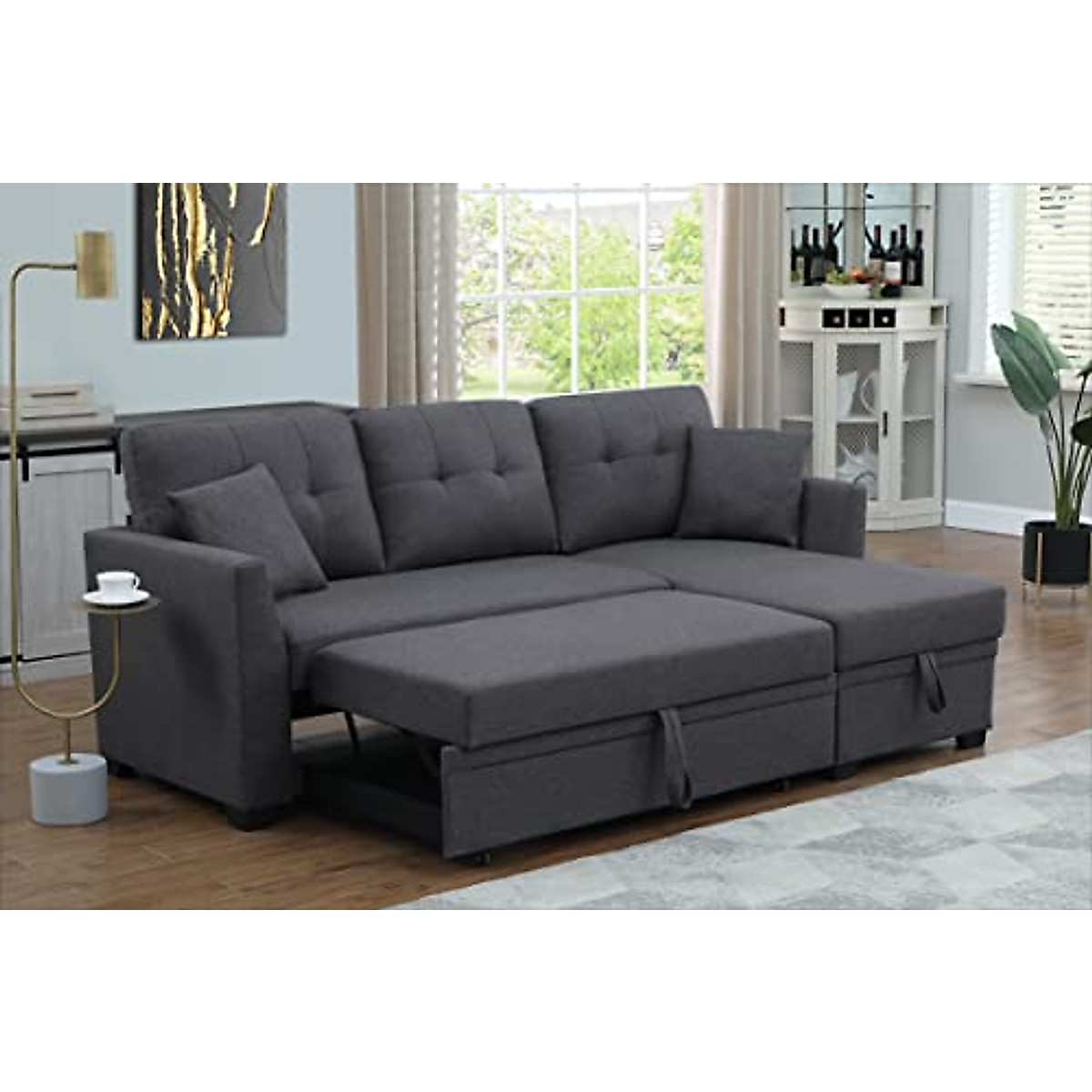 Convertible Sectional Sleeper Sofa with Pull Out Couch & Storage Chaise Lounge Furniture Couch for Living Room, Small Spaces, Modern Classic Comfort - Dark Grey