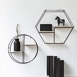 Prime Leader Wall Mounted 2 Tier Regular Hexagon Metal Display Organizer Rack Holder Floating Shelves for Bedroom Living Room Kitchen Office（Black, 18.8" x 16.5"）