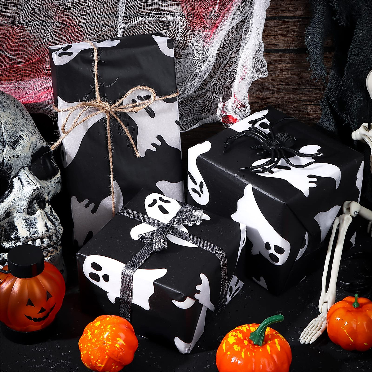 Kavoc 60 Sheets 20 x 20 Inch Large Size Halloween Tissue Paper White Ghost Art Tissue Paper Carnival Horror Pattern Tissue Paper Set Halloween Decorative Paper for Gift Wrapping Mardi Gras Birthday Wedding Party Gift Bag DIY Pompom Confetti Crafts