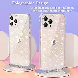 Tksafy Compatible iPhone 14 Pro Max Case, Clear Glitter Cute Laser Holographic Love Heart Pattern for Women Girls, Anti-Yellow Hard PC Protective Phone Case for iPhone 14 Pro Max 2022, Rainbow Heart