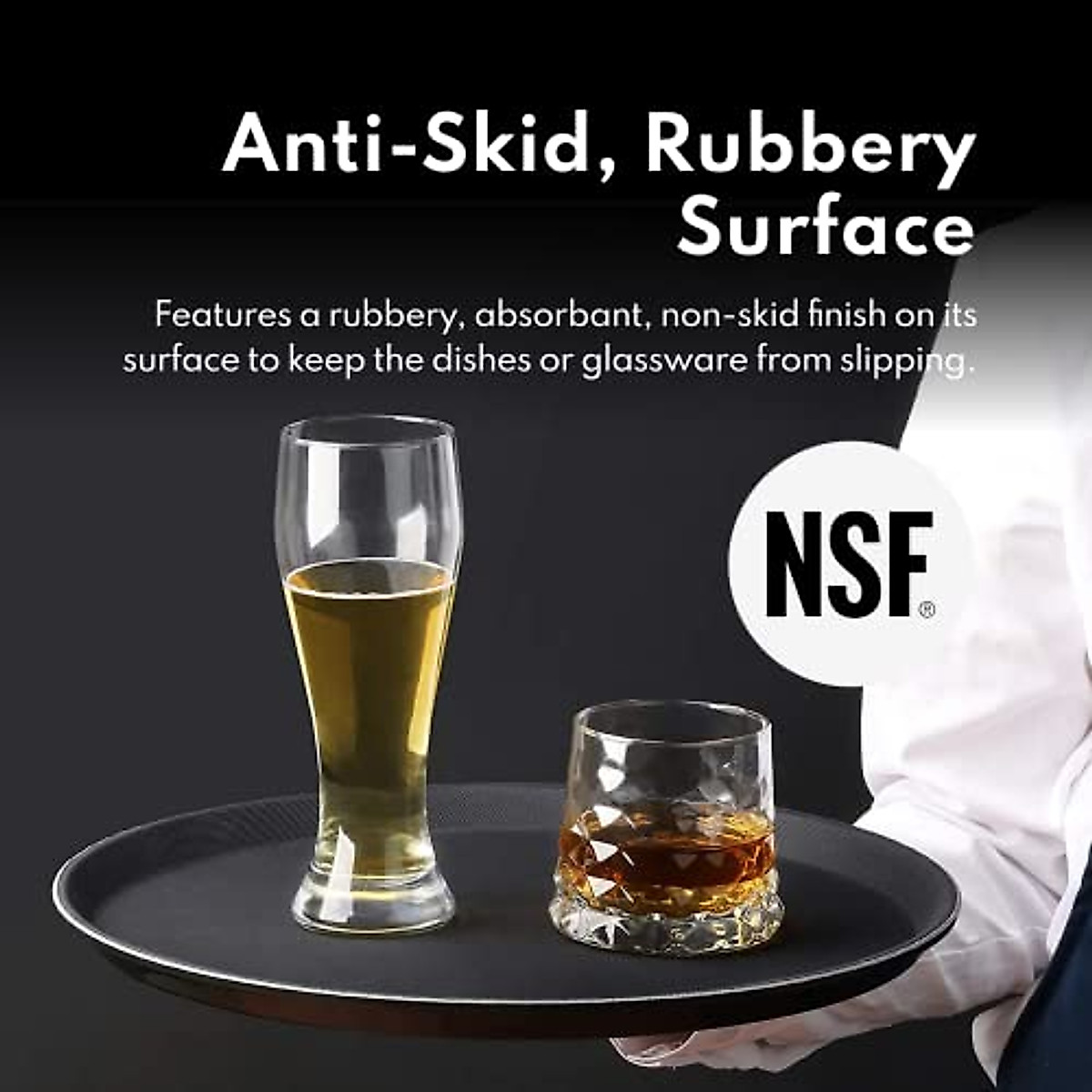 New Star Foodservice 25217 Restaurant Grade Non-Slip Tray, Plastic, Rubber Lined, Round (16-Inch, Black)