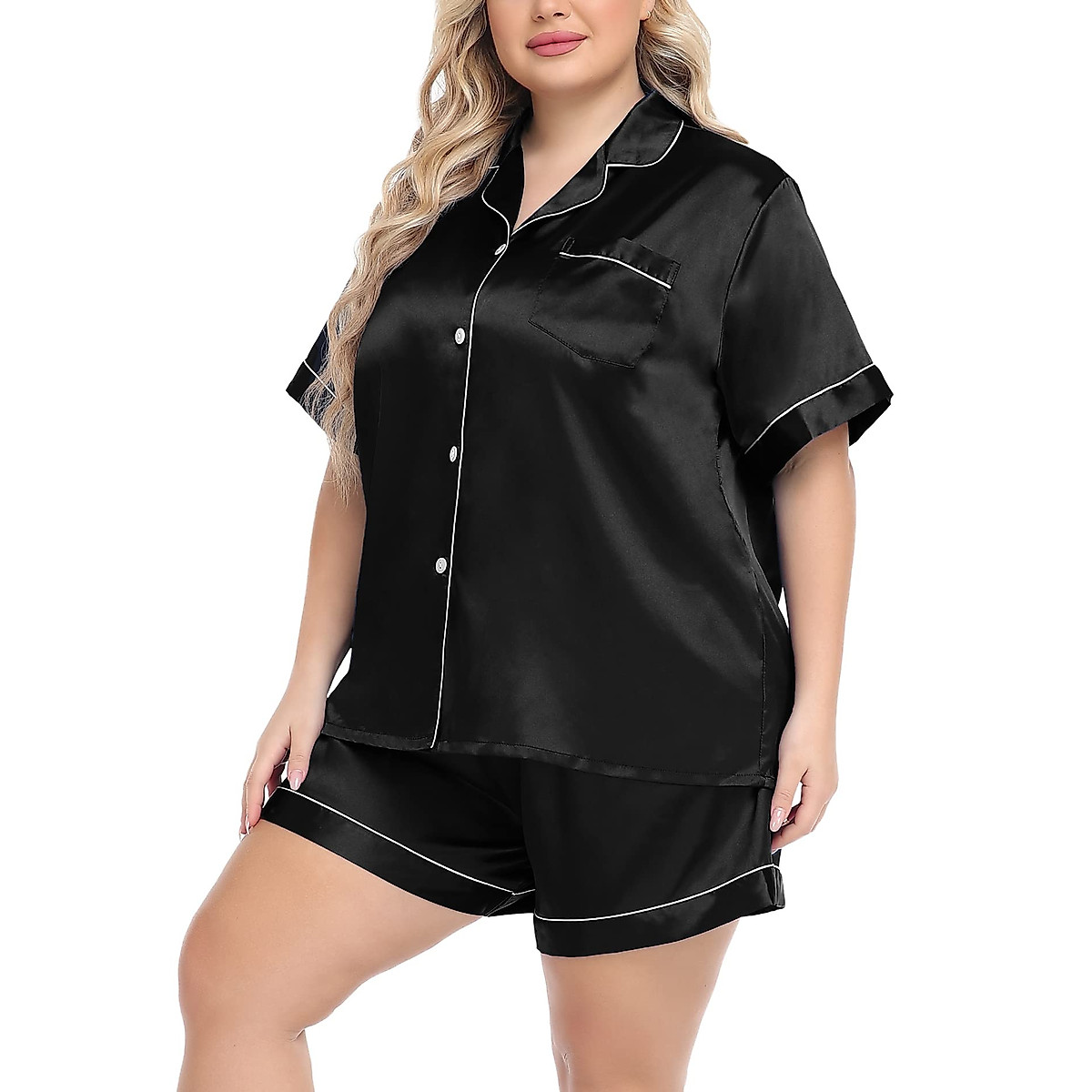 SWOMOG Women's Plus Size Pajama Set Silk Satin Pajamas Button Down Loungewear Short Sleeve Pjs 2 piece Sleepwear 16-28W Black