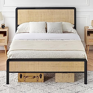 Alkmaar Queen Size Metal Bed Frame with Rattan Headboard and Footboard, Platform Bed Frame with Safe Rounded Corners, Under Bed Storage, Strong Metal Slat Support, No Box Spring Needed