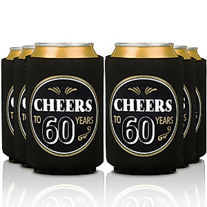 Prazoli Cheers to 60 Years Beer Can Coolers (12 Pack) - 60th Birthday Party Decorations & Supplies - Black & Gold | Perfect Men Anniversary Coolers Set for Parties