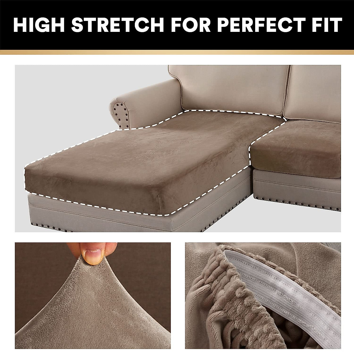 PrinceDeco Sectional Couch Covers 3 Pieces Velvet Sofa Covers L Shape Soft Couch Covers for Sectional Sofa Corner Sofa Cover Couch Cover for Dogs Washable (2 Seater + 1 Chaise,Taupe)