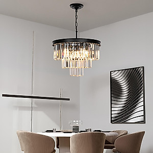 Weesalife Black Crystal Chandeliers for Dining Room Lights Fixtures, 9 Lights Modern Contemporary Chandeliers for Bedroom, 3-Tier Round Crystal Chandeliers for Living Room Entryway Kitchen island