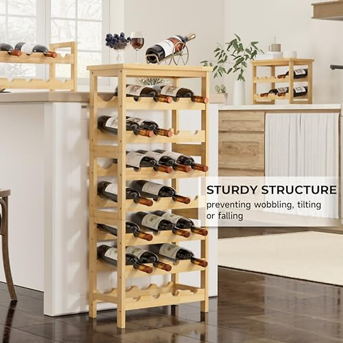 28-Bottle Wine Rack Free Standing Floor, Solid Wood 7-Tier Display Wine Storage Shelves with Tabletop, Wobble-Free Bottle Holder for Cellar Kitchen Bar Dining Room Living Room, Oak