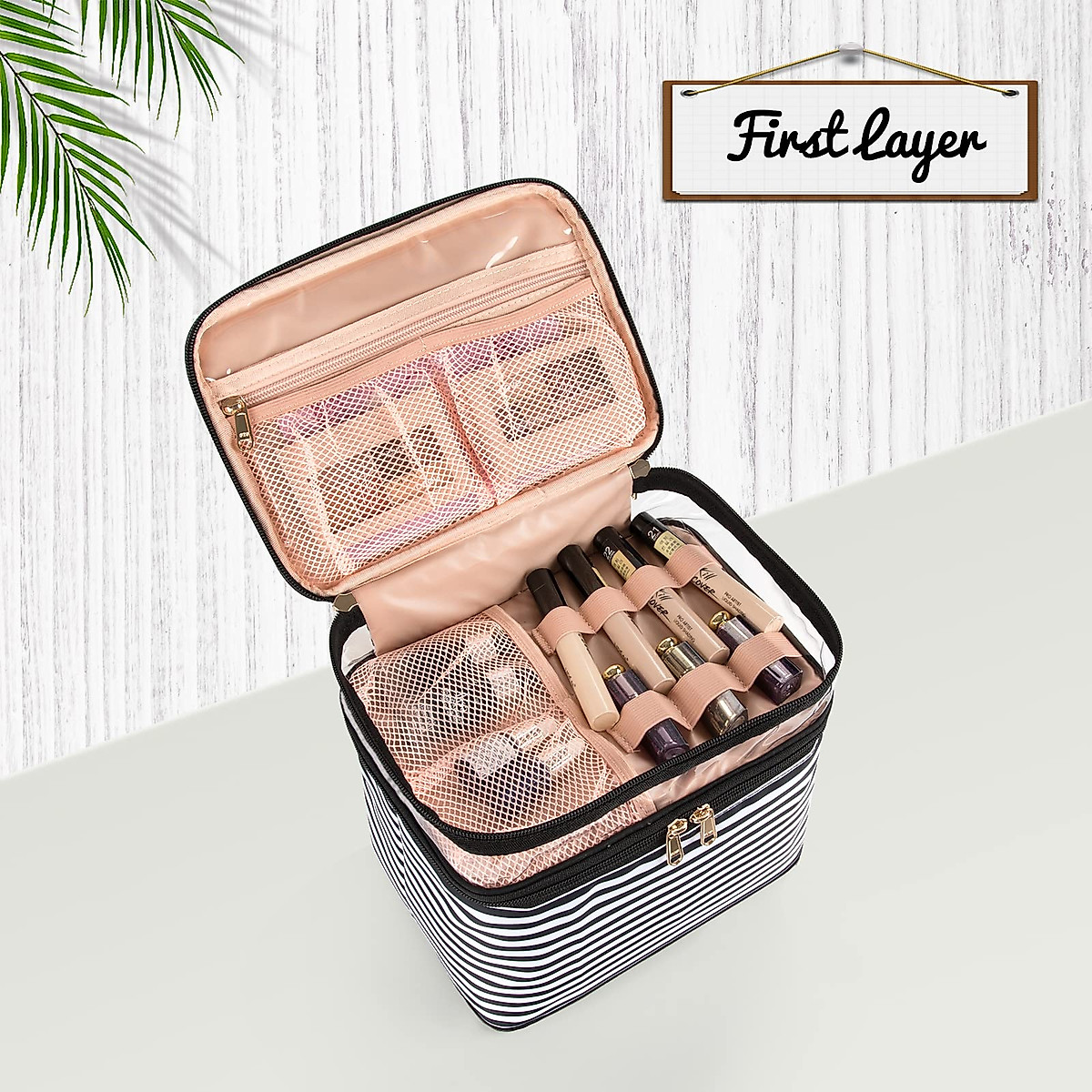 OCHEAL Large Makeup Bag, Double Layer Makeup Bag, Vertical Storage Cosmetic Case for Women/Girls with Multiple Compartments-Black and White Stripes