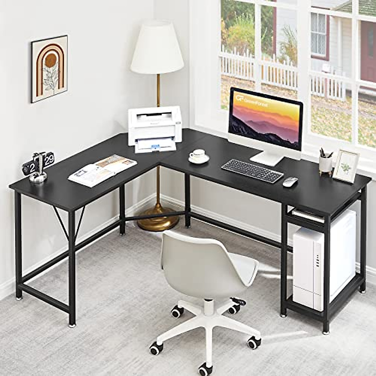 GreenForest L Shaped Computer Desk with Adjustable Storage Shelf, 59 inch Modern Long Corner Gaming Desk for Home Office Writing Laptop PC Workstation Space Saving, Black