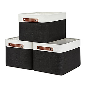 DULLEMELO Canvas Storage Bin with Handles, Fabric Bins for Shelves, Bedroom, Office,Nursery,Fabric Storage Baskets for Toys, Clothes,Gift(3-Pack Medium-15 inch X 11 inch X 9.5 inch , White&Black)