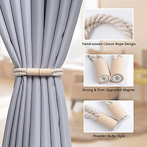 NICEEC 2 Pack Wooden Magnetic Curtain Tiebacks Boho Decoration Drape Tie Backs Natural Cotton Handmade Double Rope Curtain Holdbacks for Thin or Thick Home & Office Window Drapery (New Beige)