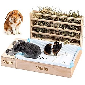 Rabbit Hay Feeder with Litter Box and Bowls, 3 in 1 Wooden Feeder Toilet Combo Feeding Manger for Small Pets Guinea Pig Bunny Hamster, Hay Rack Litter Pan Bowls Stand Plastic Box 2 Bowls, Kiln-Dried